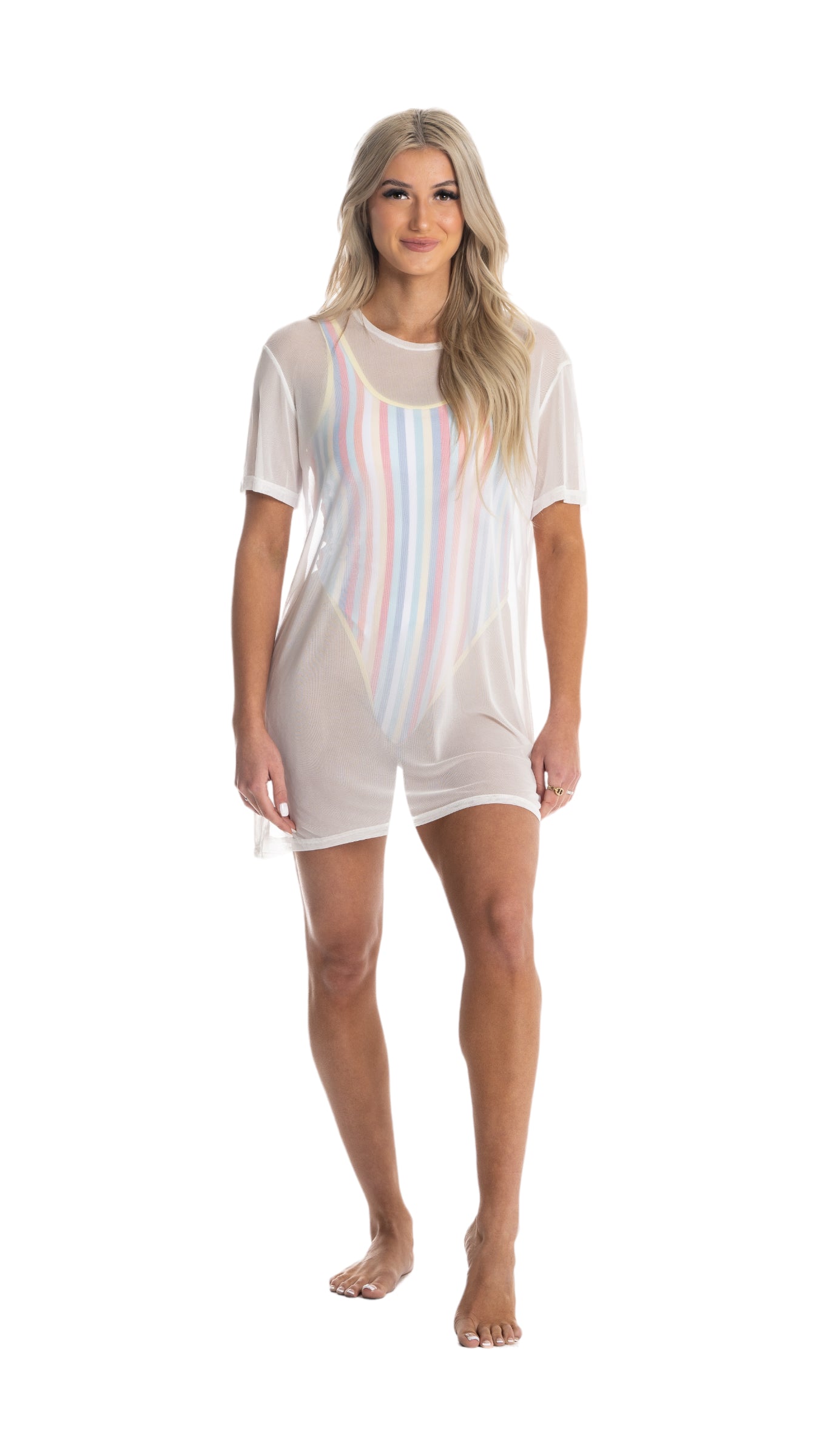 Short Sleeve See Though Mesh Swimsuit Cover White Dress | Jobee